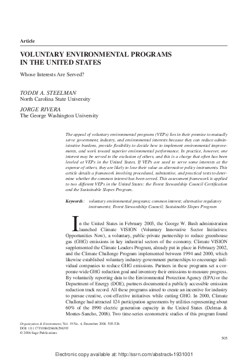 (PDF) Voluntary Environmental Programs in the United States