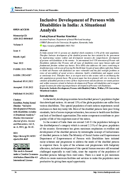 (PDF) Inclusive Development of Persons with Disabilities in India: A ...