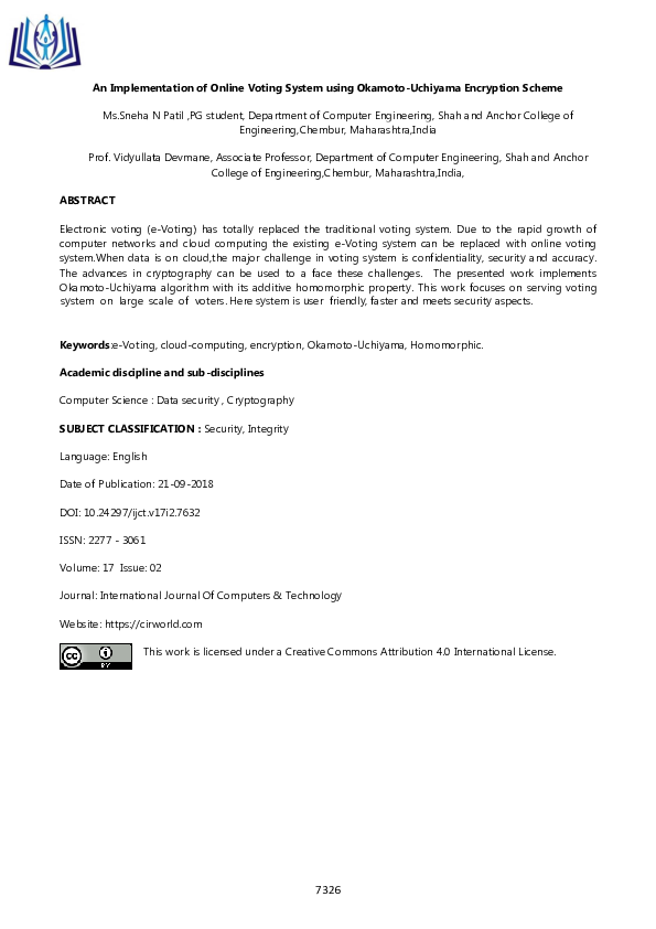 Pdf An Implementation Of Online Voting System Using Okamoto Uchiyama Encryption Scheme