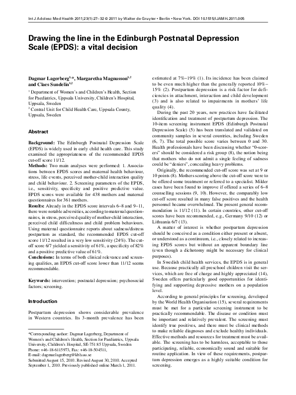 (PDF) Drawing the line in the Edinburgh Postnatal Depression Scale ...
