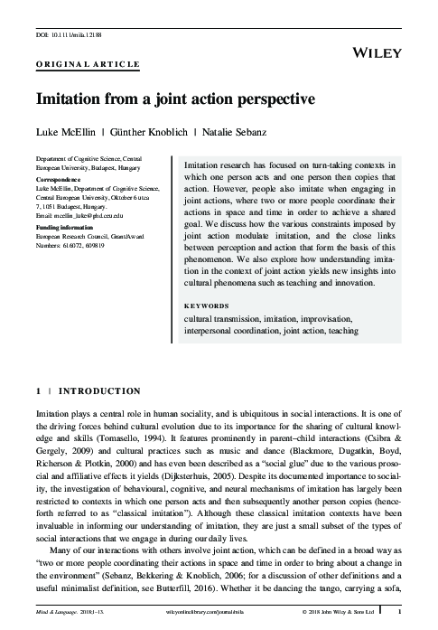 (PDF) Imitation from a joint action perspective