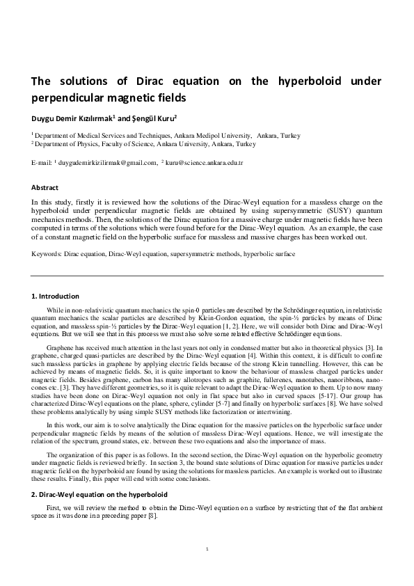 (PDF) The solutions of Dirac equation on the hyperboloid under perpendicular magnetic fields