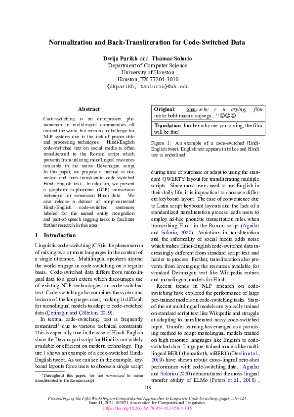 Pdf Normalization And Back Transliteration For Code Switched Data Dwija Parikh