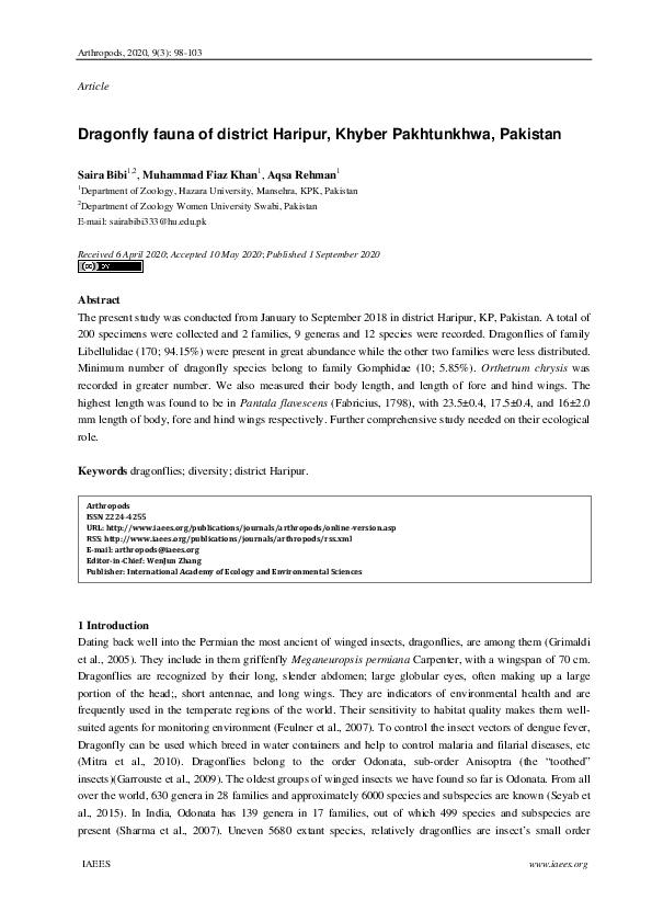 (PDF) Dragonfly Species Diversity in Haripur, Khyber Pakhtunkhwa