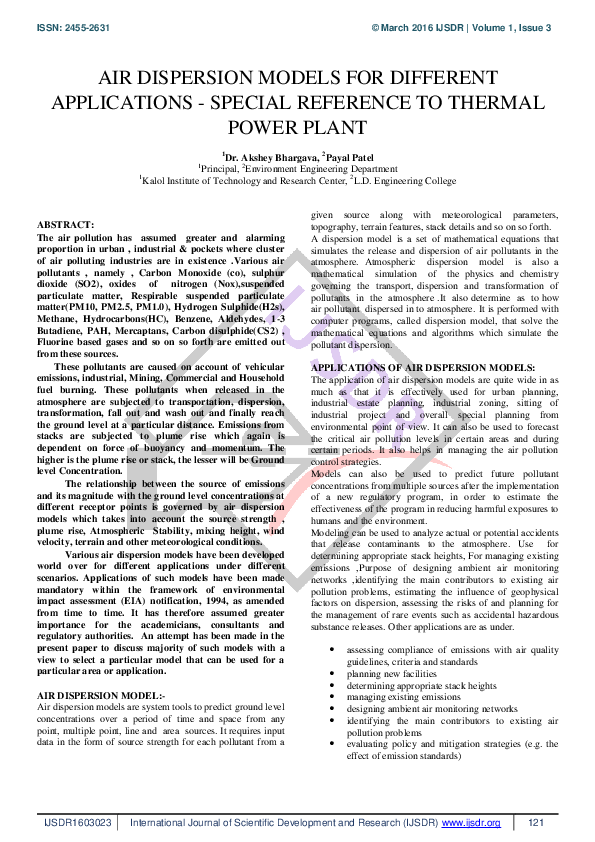 (PDF) Air Dispersion Models for Different Applications-Special ...