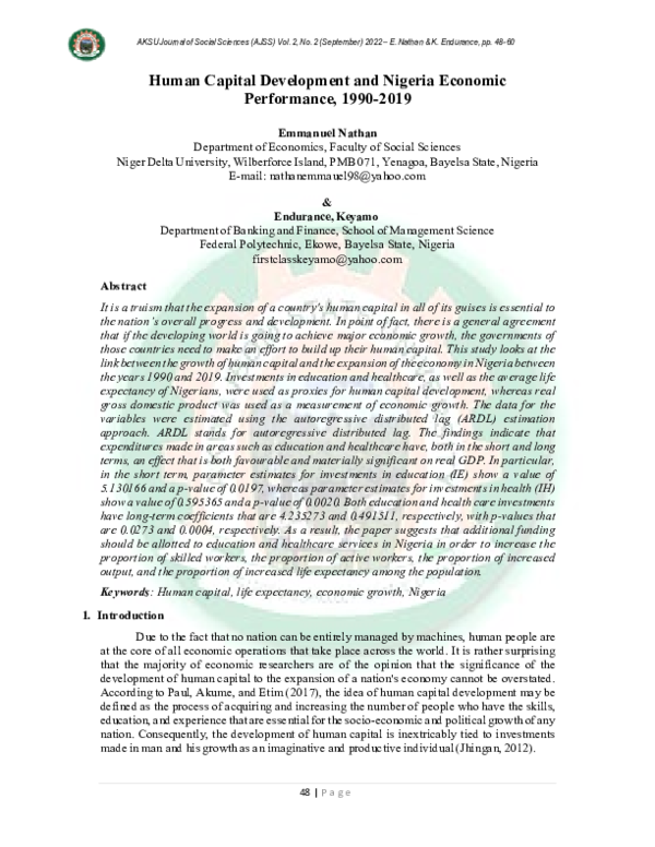 (PDF) Human Capital Development and Nigeria Economic Performance, 1990-2019