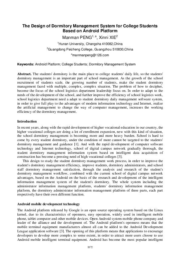 (PDF) The Design of Dormitory Management System for College Students Based on Android Platform