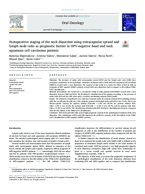 (PDF) Postoperative staging of the neck dissection using extracapsular spread and lymph node ...