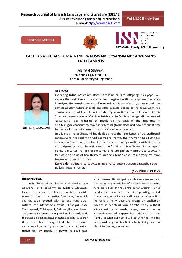 (PDF) Caste as a Social Stigma in Indira Goswami’s “Sanskaar”: A Woman ...