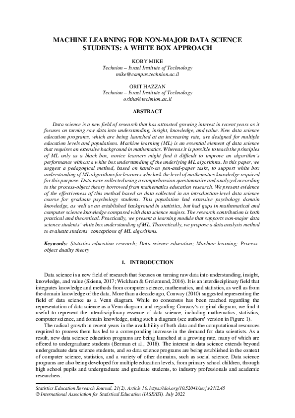 (PDF) Machine Learning for Non-Majors: A White Box Approach