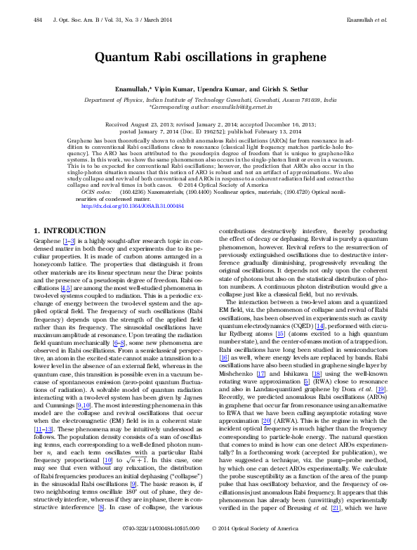 (PDF) Quantum Rabi oscillations in graphene | Enamullah Khan - Academia.edu