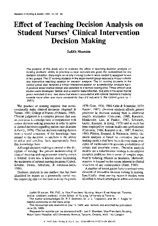 (PDF) Effect of teaching decision analysis on student nurses' clinical ...