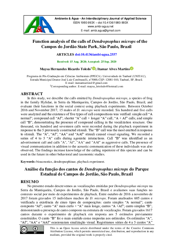 (PDF) Function analysis of the calls of Dendropsophus microps of the ...