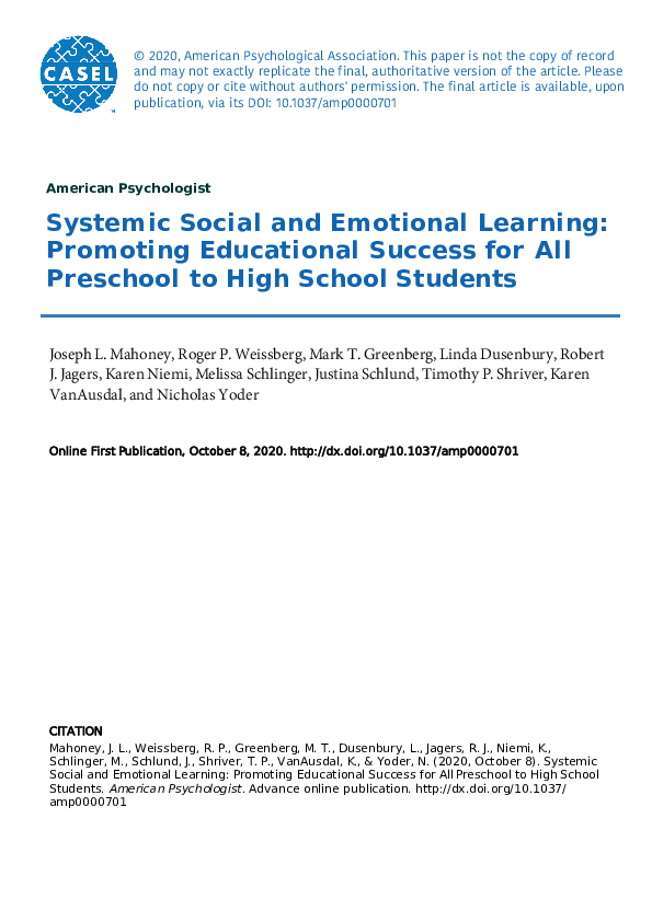 (PDF) Systemic social and emotional learning: Promoting educational ...