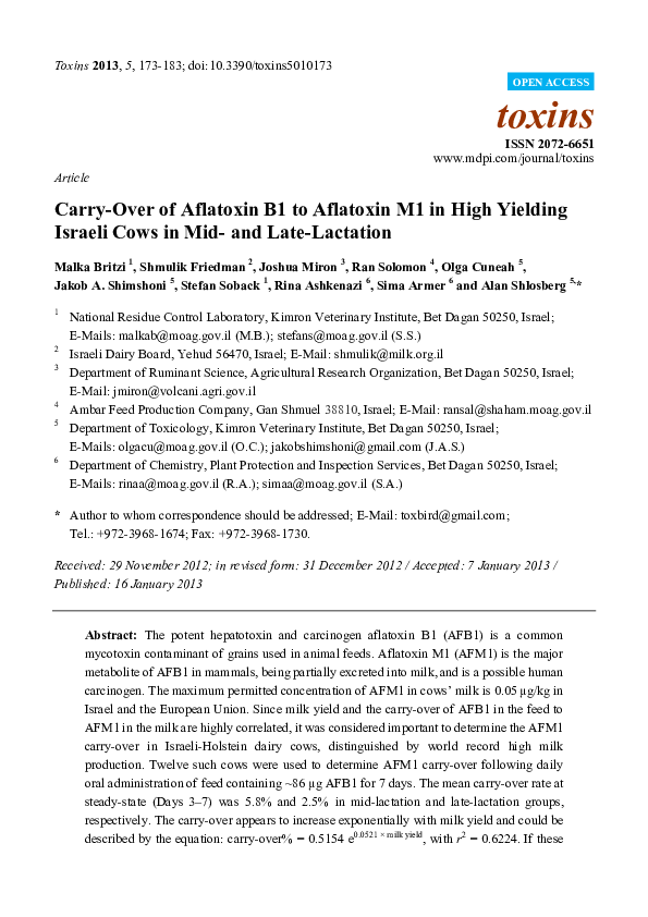 (PDF) Carry-Over of Aflatoxin B1 to Aflatoxin M1 in High Yielding ...