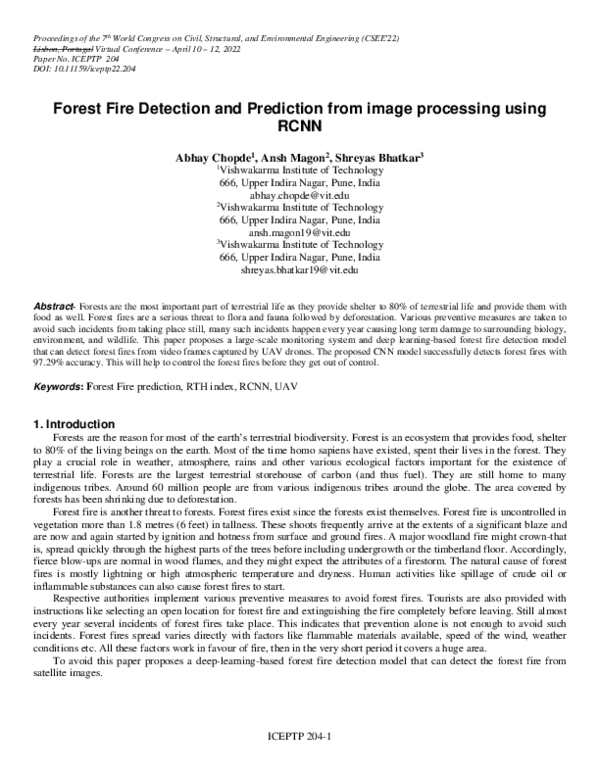 Pdf Forest Fire Detection And Prediction From Image Processing Using Rcnn