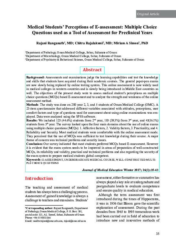 (PDF) Medical Students’ Perceptions of E-assessment: Multiple Choice Questions used as a Tool of ...