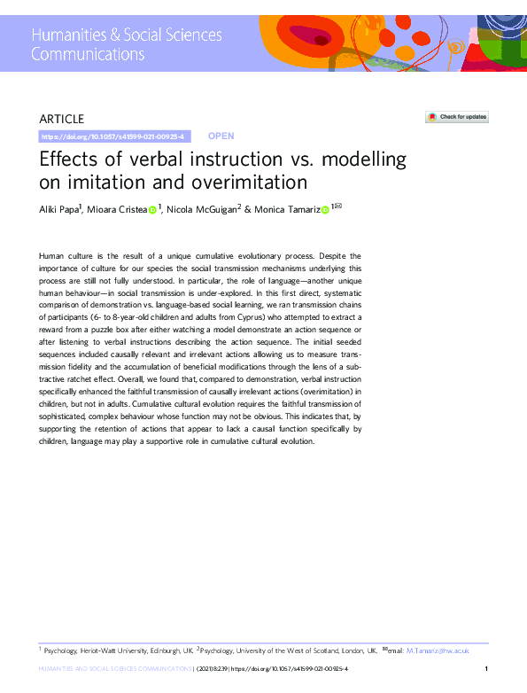 (PDF) Effects of verbal instruction vs. modelling on imitation and ...
