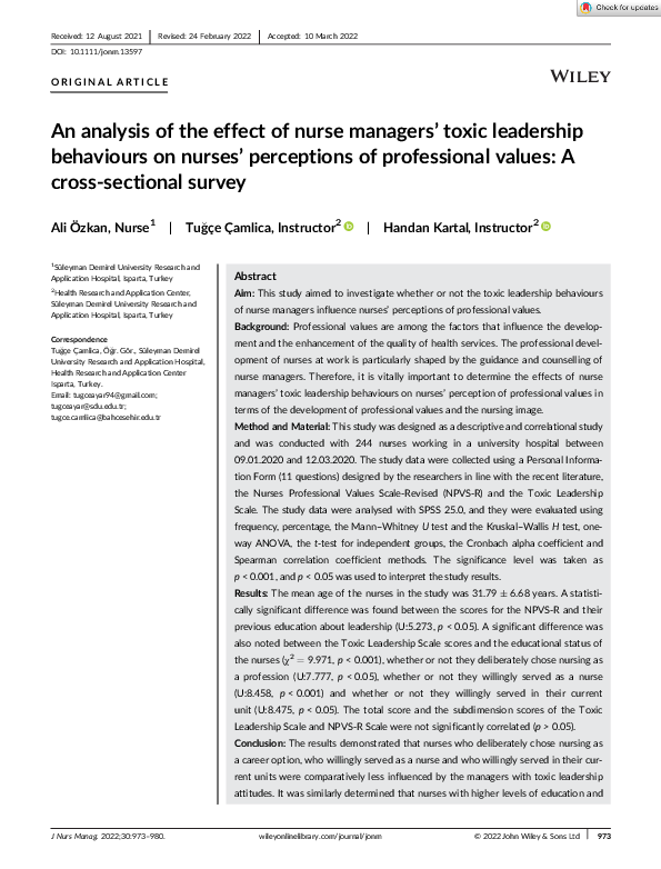 (PDF) An analysis of the effect of nurse managers' toxic leadership behaviours on nurses ...