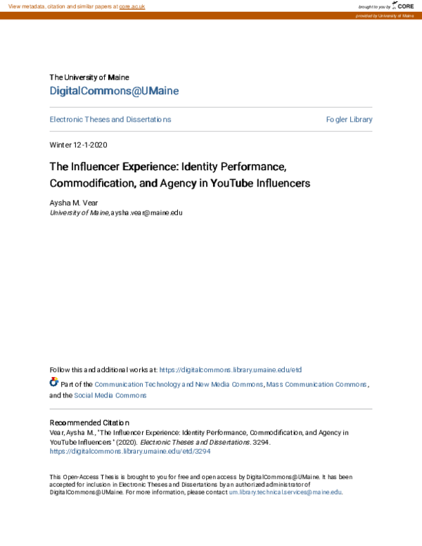 (PDF) The Influencer Experience: Identity Performance, Commodification ...