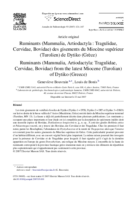 (PDF) Ruminants (Mammalia, Artiodactyla : Tragulidae, Cervidae, Bovidae ...