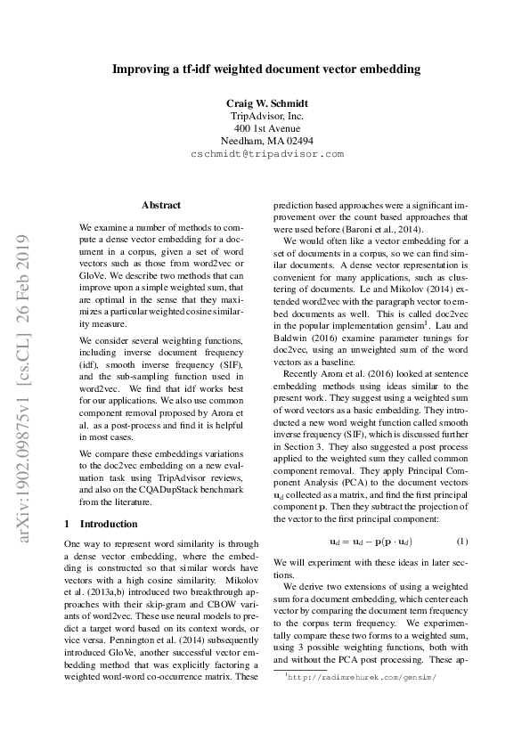 (PDF) Improving a tf-idf weighted document vector embedding