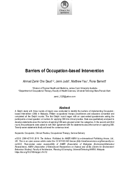 (PDF) Barriers of Occupation-based Intervention