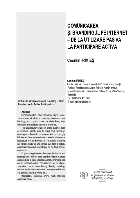 (PDF) Comunicarea şi brandingul pe internet - De la utilizare pasivă la ...
