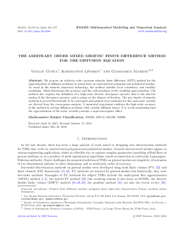 Pdf The Arbitrary Order Mixed Mimetic Finite Difference Method For The Diffusion Equation