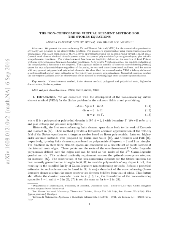 (PDF) The NonConforming Virtual Element Method for the Stokes Equations