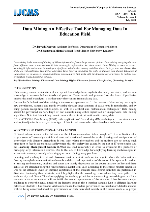 (PDF) Data Mining An Effective Tool For Managing Data In Education Field