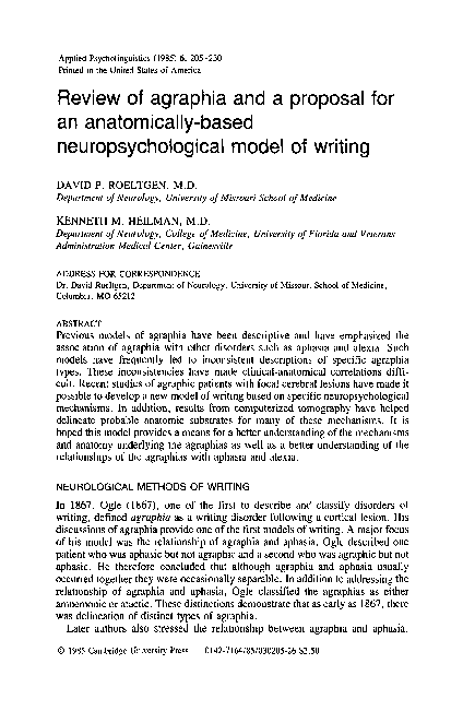 (PDF) Review of agraphia and a proposal for an anatomically-based ...