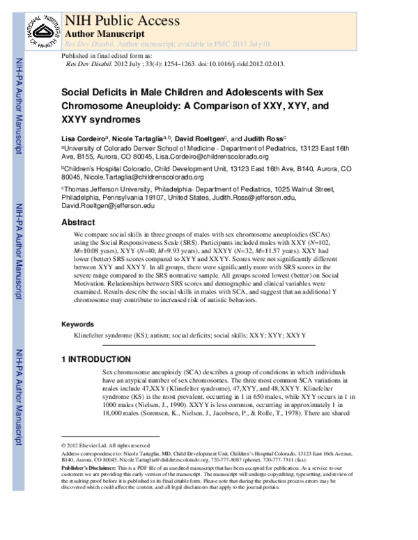 (PDF) Social deficits in male children and adolescents with sex chromosome aneuploidy: A ...