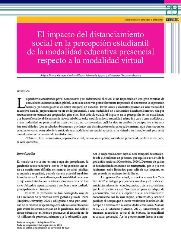 (PDF) El impacto del distanciamiento social en la percepción estudiantil de la modalidad ...