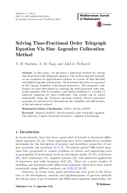 (PDF) Solving Time-Fractional Order Telegraph Equation Via Sinc–Legendre Collocation Method