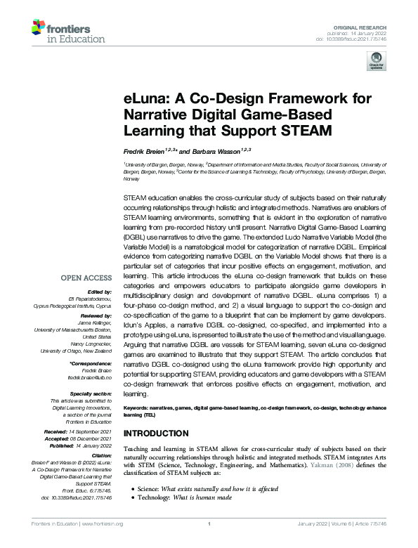 (PDF) eLuna: A Co-Design Framework for Narrative Digital Game-Based Learning that Support STEAM