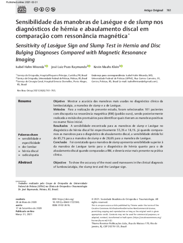 (PDF) Sensitivity of Laségue Sign and Slump Test in Hernia and Disc ...