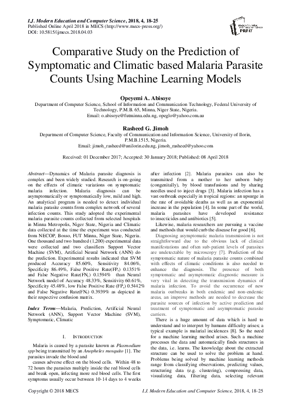 (PDF) Comparative Study on the Prediction of Symptomatic and Climatic based Malaria Parasite ...