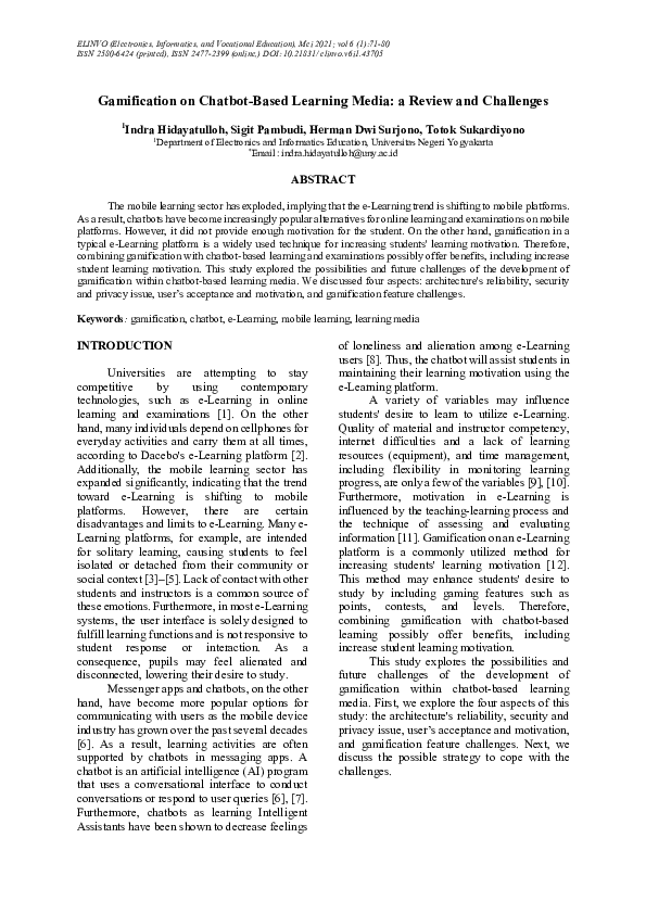 (PDF) Gamification on Chatbot-Based Learning Media: a Review and Challenges