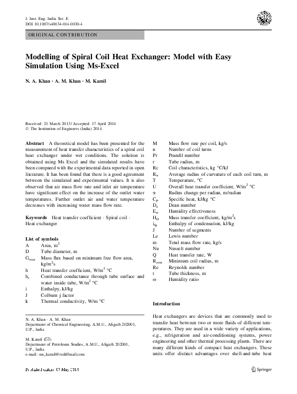 (PDF) Modelling of Spiral Coil Heat Exchanger: Model with Easy Simulation Using Ms-Excel