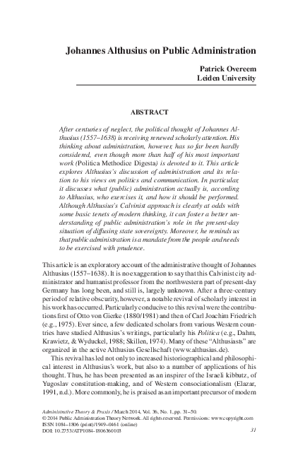 (PDF) Johannes Althusius on Public Administration
