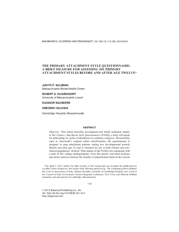 (PDF) The Primary Attachment Style Questionnaire: A Brief Measure for ...