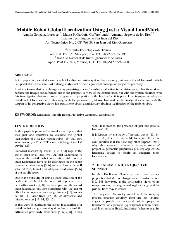 Pdf Mobile Robot Global Localization Using Just A Visual Landmark