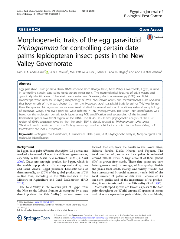 (PDF) Morphogenetic traits of the egg parasitoid Trichogramma for controlling certain date palms ...