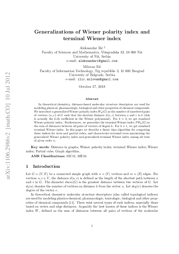 (PDF) Generalizations of Wiener Polarity Index and Terminal Wiener Index