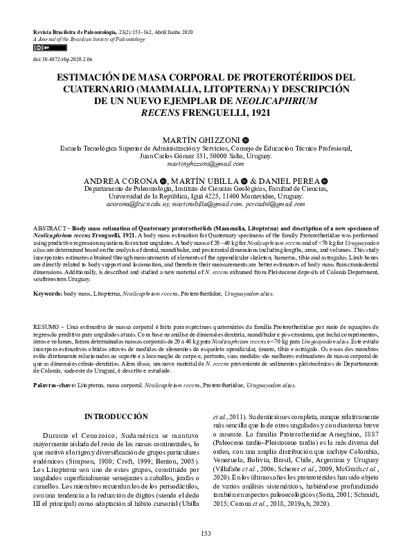 (PDF) Estimación de masa corporal de proterotéridos del Cuaternario ...
