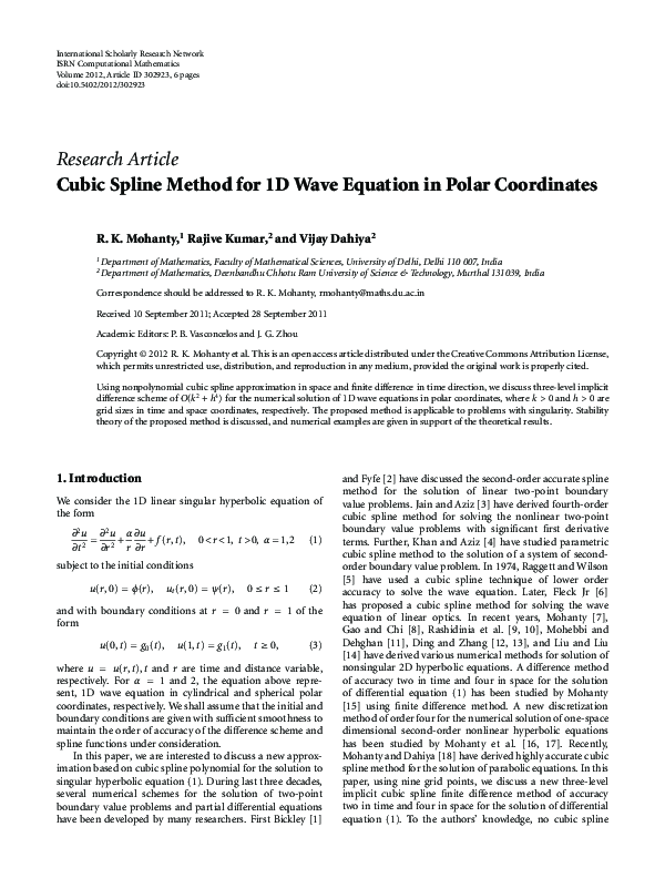 (PDF) Cubic Spline Method for 1D Wave Equation in Polar Coordinates