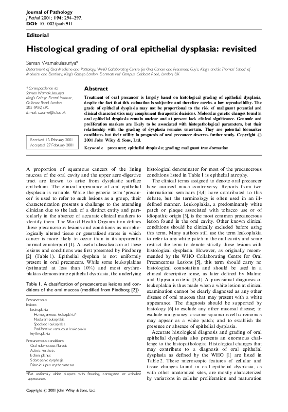 (PDF) Histological grading of oral epithelial dysplasia: revisited
