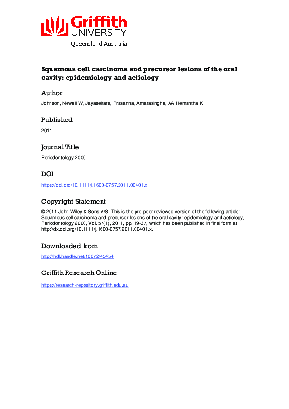 (PDF) Squamous cell carcinoma and precursor lesions of the oral cavity ...
