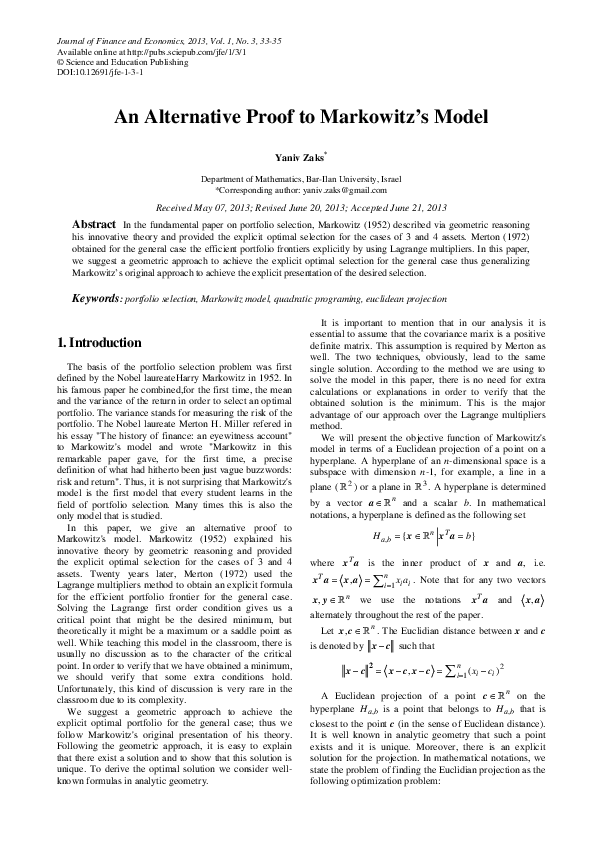 (PDF) An Alternative Proof to Markowitz's Model | Yaniv Zaks - Academia.edu